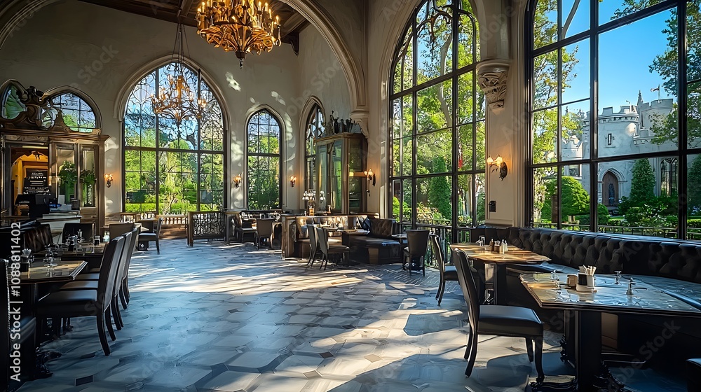 An enchanted castle coffee bar with tall, arched windows, grand ...