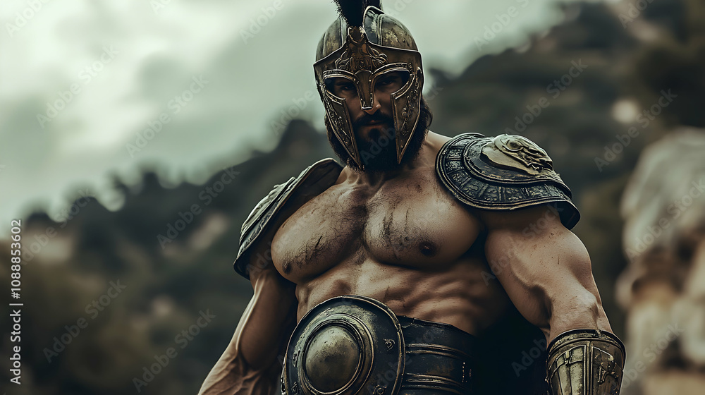 Muscular Gladiator in Bronze Armor Poses Defiantly, Ancient Greek ...