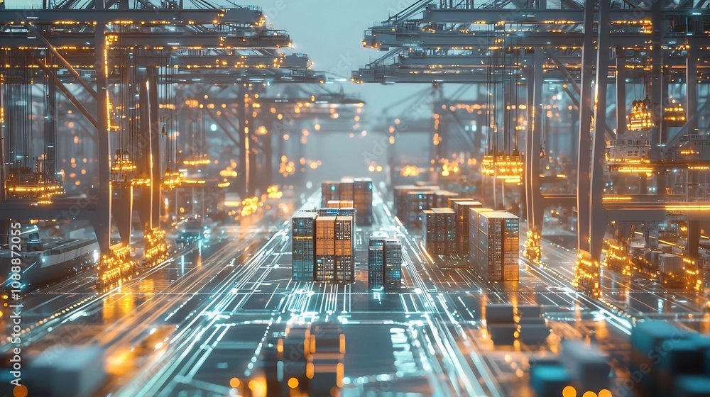 Futuristic Automated Port with Robotic Container Cranes and Glowing ...