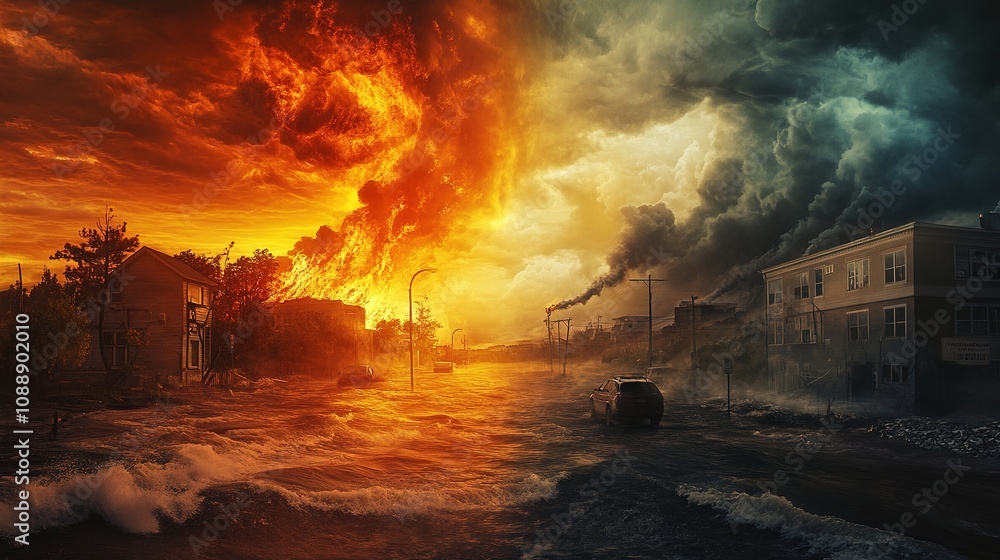Extreme weather events wildfires and floods urban landscape digital art ...