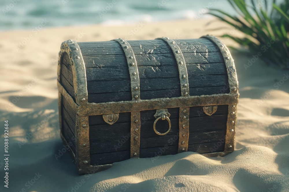 Antique treasure chest on beach. Perfect for adventure, mystery, or ...