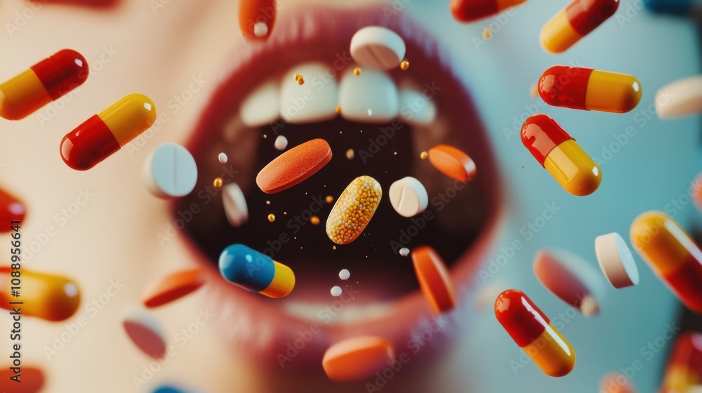 Pills and tablets falling into an open mouth, concept of drug abuse and ...