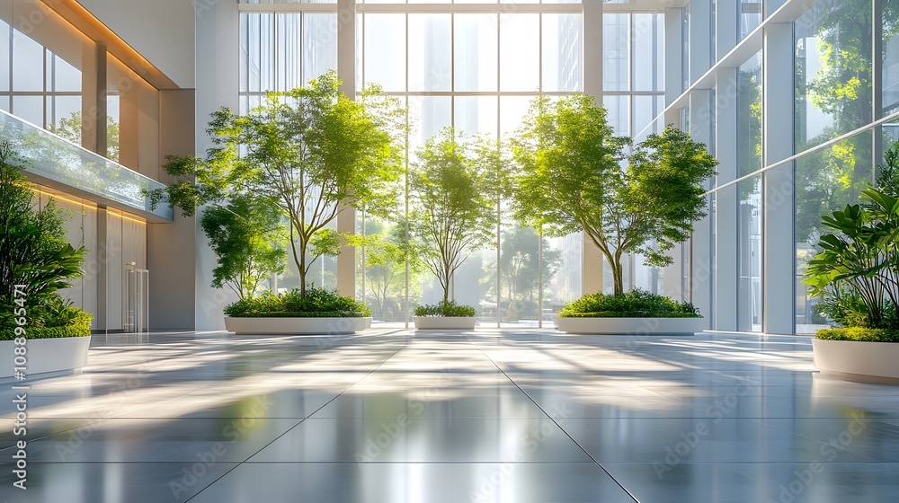 Modern glass office building featuring sunlit atrium with indoor trees ...