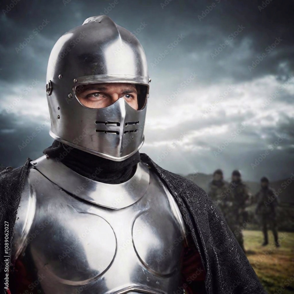 extreme macro portrait of a knight leading a group of soldiers on ...