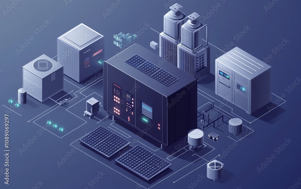 Solar cell equipment component, ongrid inverter system diagram, isometric view, vector ...
