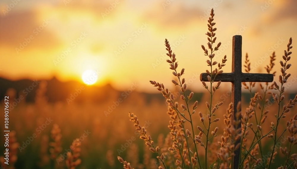 Serene Cross in Golden Wheat Field at Sunset Symbolizing Faith and Hope ...