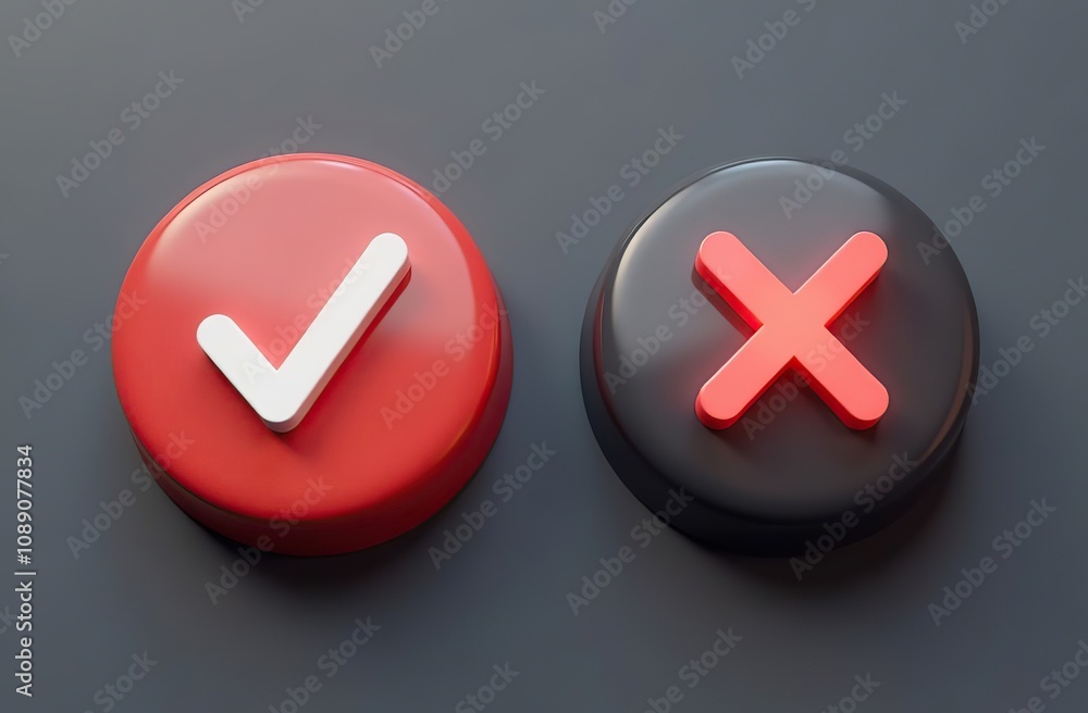 Realistic right and wrong 3D Button. A set of glossy round icons with a ...