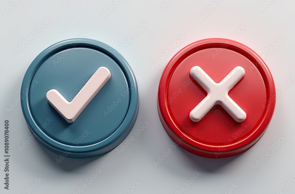 Realistic right and wrong 3D Button. A set of glossy round icons with a check mark, a sign of ...