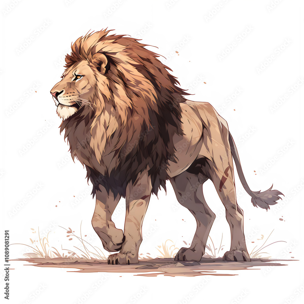 Illustration of a lion standing, isolated on a white background, design ...