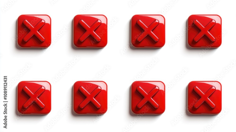 Collection of glossy red cross mark icons arranged in a grid, each ...
