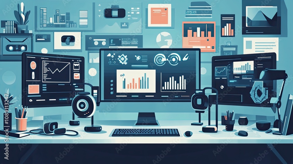 Flat art showing technology integration in modern workspaces, with AR ...