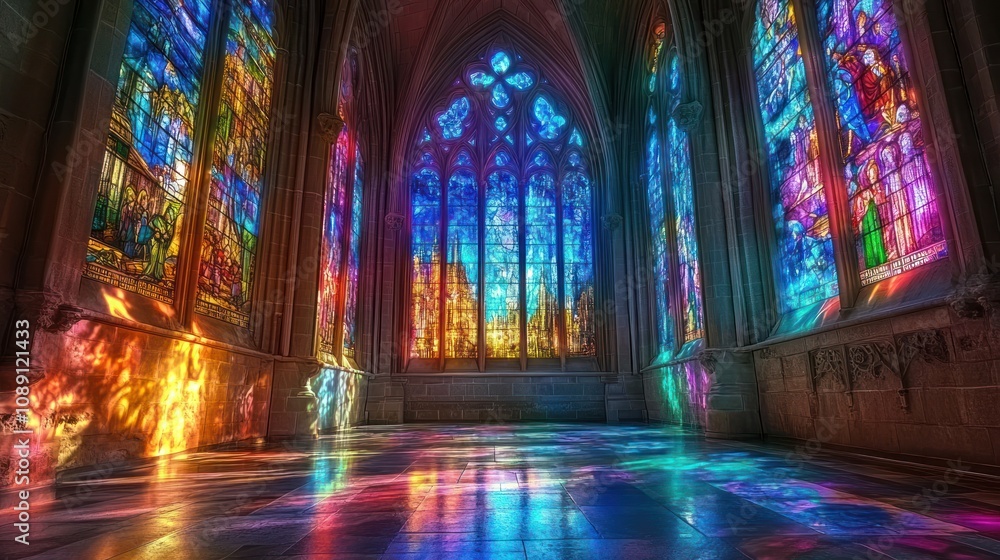 Radiant stained glass chapel interior, vibrant colors illuminate the ...