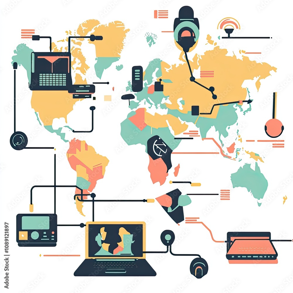 visually simple flat art showing remote working network setup, laptops, headsets, and routers ...