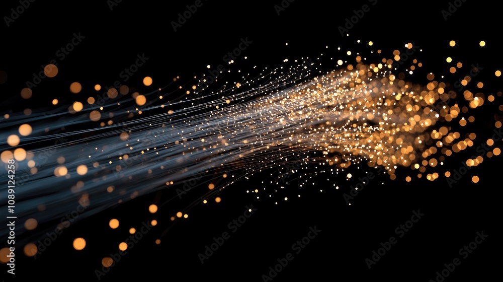 3D illustration depicting fiber-optic technology with glowing particles ...