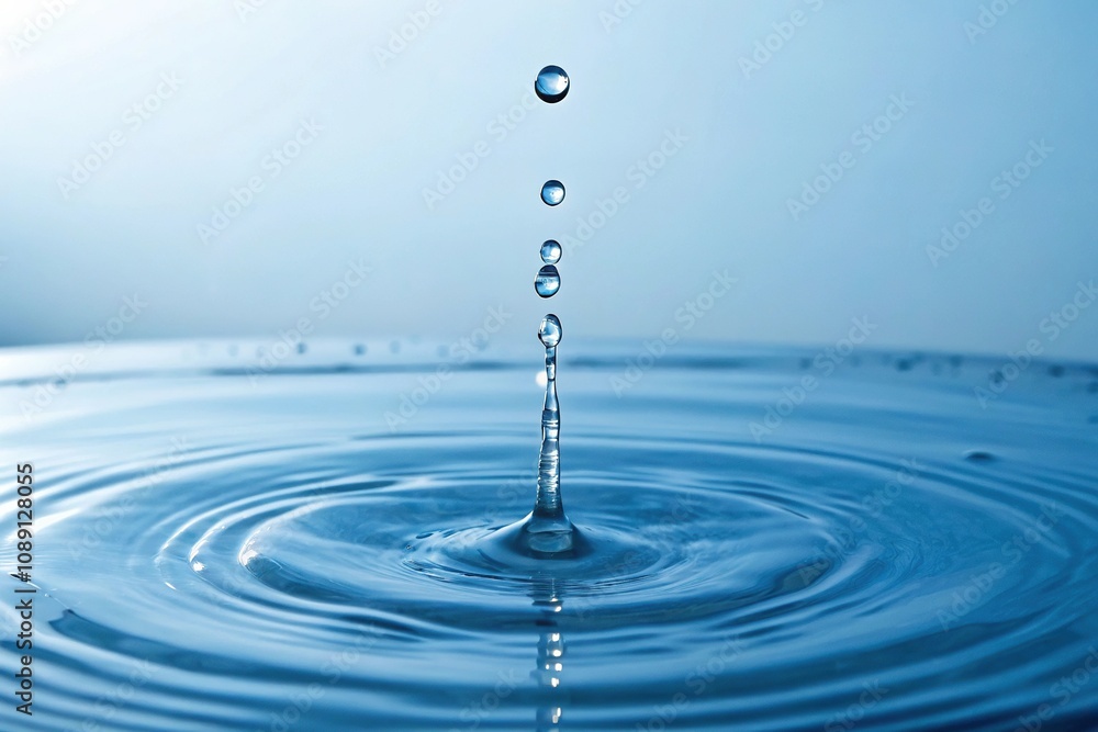 Water drops falling from a height onto a still blue surface, falling ...