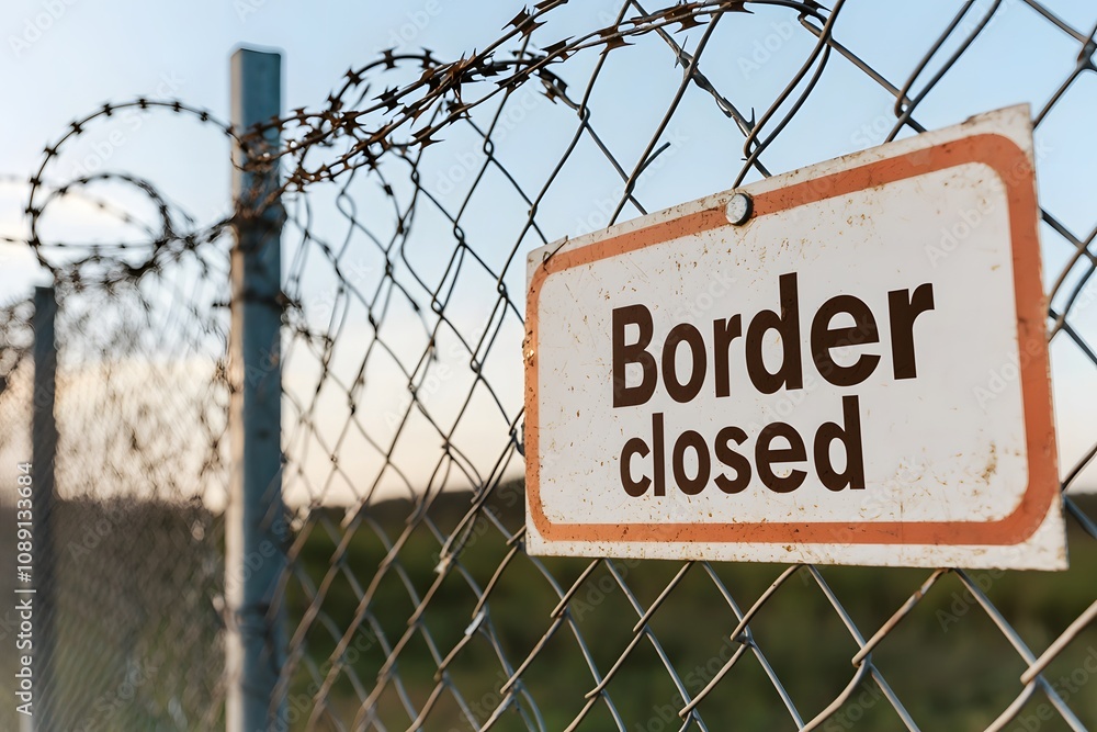 Grungy Border Closed Warning Sign on Fence with Barbed Wire ...