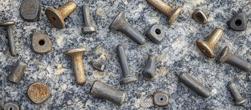 Metal pitons and nuts, laid out in an organized fashion on a granite ...