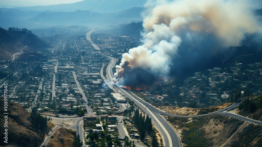 Scene of an aerial landscape of a polluted urban area, with roads and ...