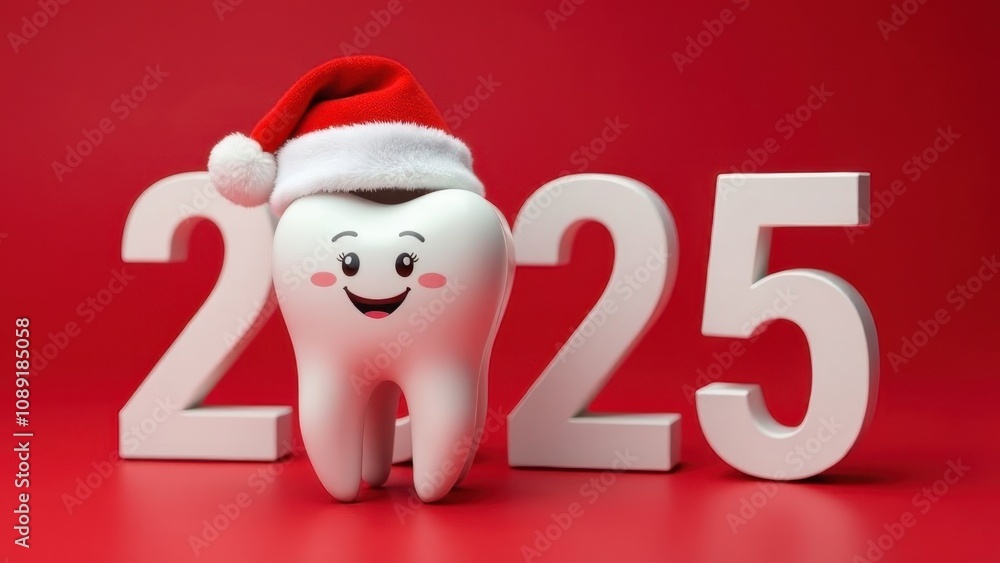Happy smiling Tooth wearing red Santa hat 2025 on red background, New ...