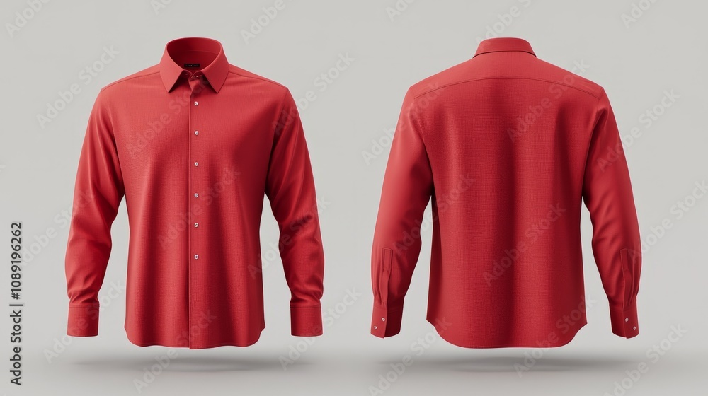 Side-by-side layout of front and back views of a red collared shirt ...
