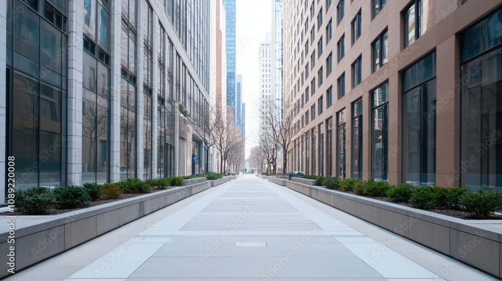 A modern urban street flanked by tall buildings, featuring trees and a ...