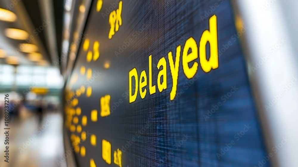 An airport departure board displays multiple flights labeled as Delayed ...