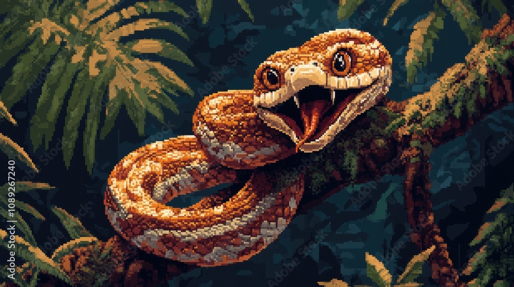 Pixel art of a smiling snake coiled on a branch with a jungle ...