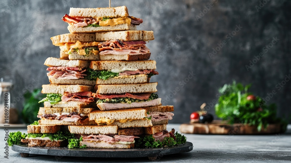 Tower of stacked sandwiches with layers of turkey, bacon, lettuce, and ...