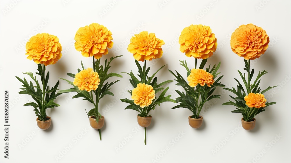 Set of orange marigold flowers on white. Stages of flower blooming ...