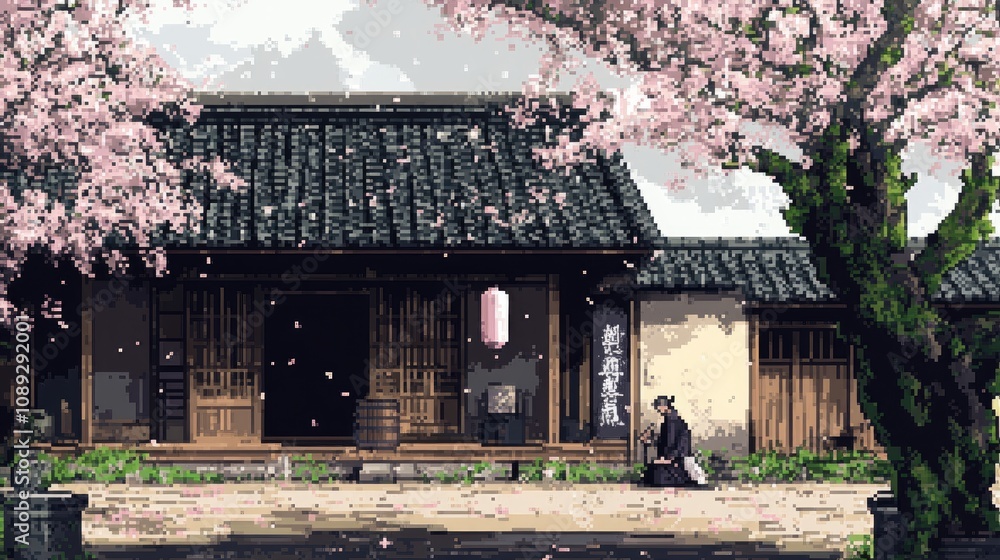 Pixel art of an anime dojo with a samurai practicing kendo, surrounded ...