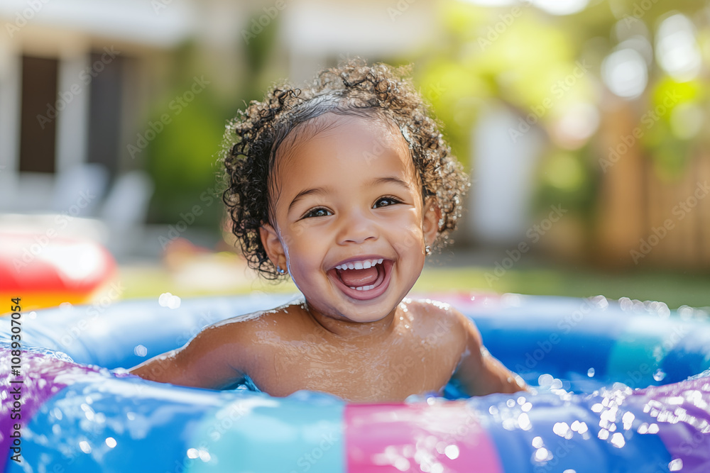 Little black girl enjoys summer cooling off in the water of an ...