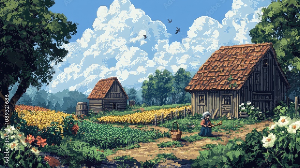 Retro pixel art of an anime farm scene, with a character harvesting ...