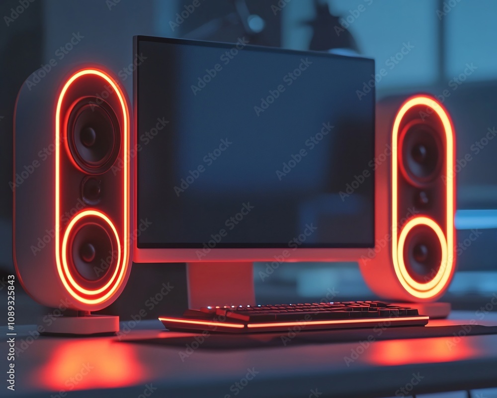 Glowing Neon Speakers Embedded in Modern Minimalist Desk Setup for ...