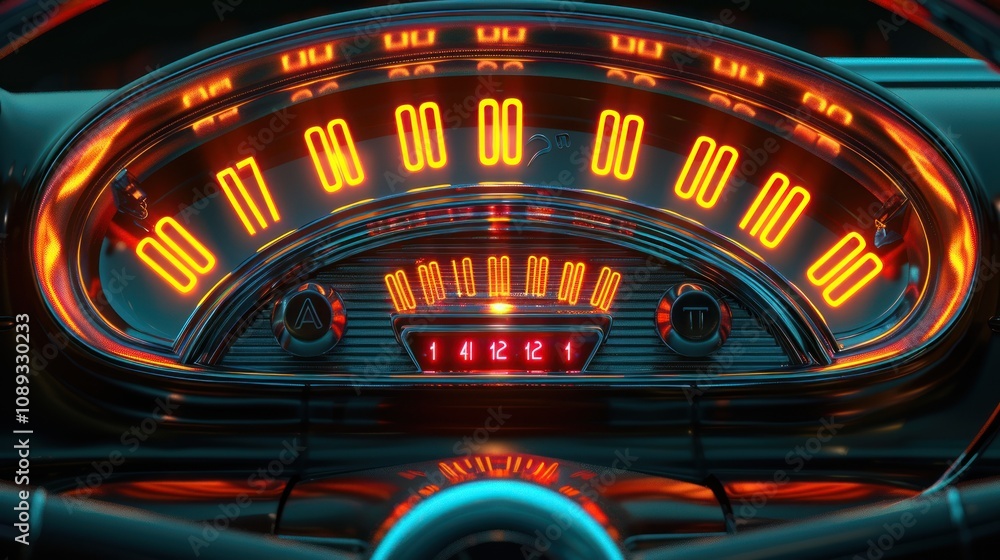 Classic car speedometer with illuminated orange numbers and chrome ...