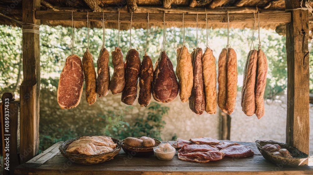 Artisan drying rack with various cuts of meat hanging, showing the ...