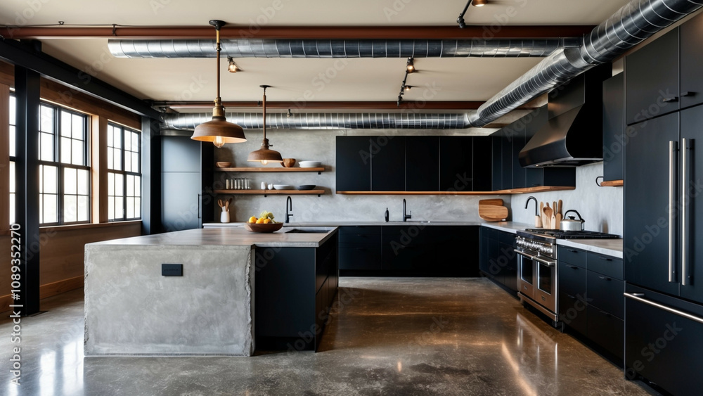 A spacious, modern industrial kitchen with a large concrete island ...