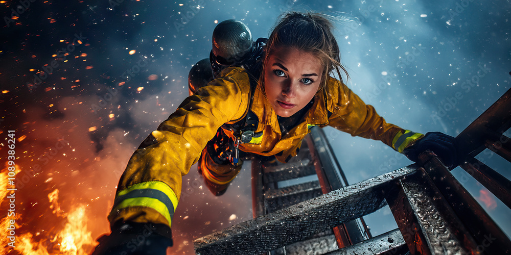 Tough female firefighter in yellow jacket, climbing up a firetruck ...