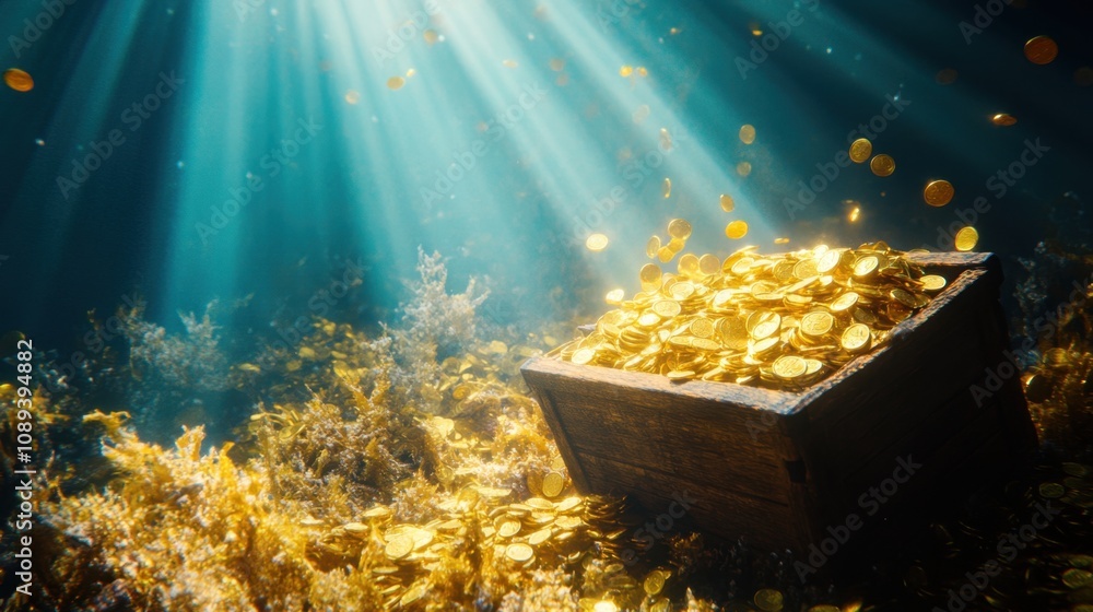 Underwater Treasure Trove with Glimmering Gold Coins and Sunbeams ...