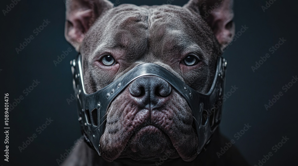American Bully XL with a metallic muzzle staring intently at the camera ...