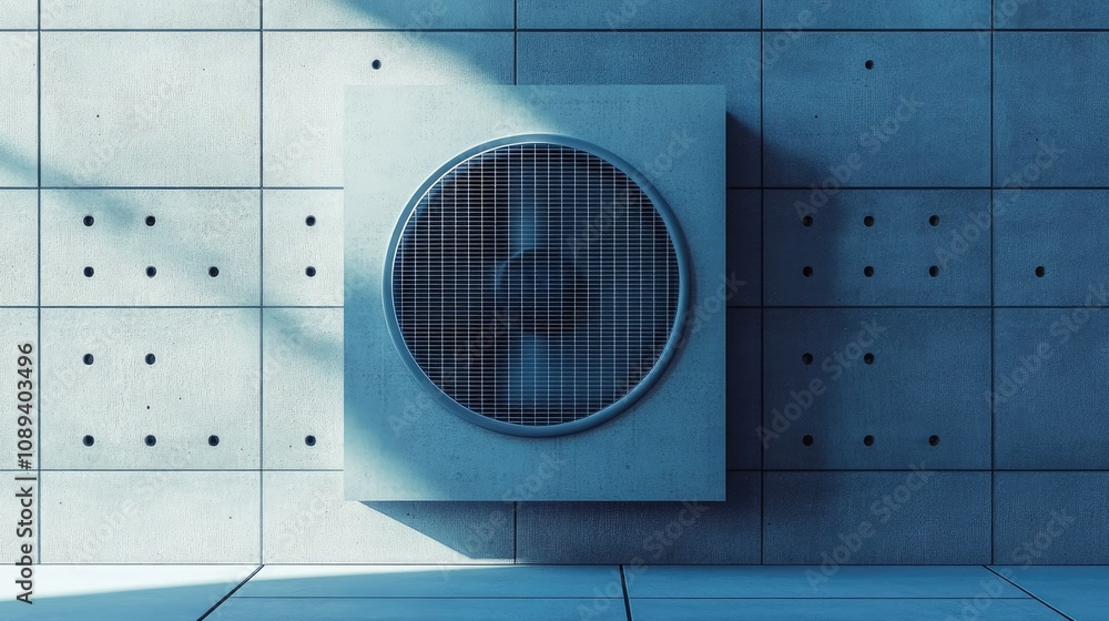 Circular grid air conditioning system on a sleek wall in a high-tech ...