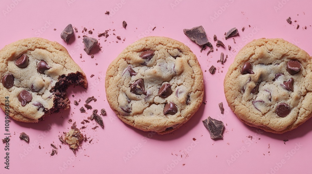 Whole and broken chocolate chip cookies with chocolate crumbs on a ...