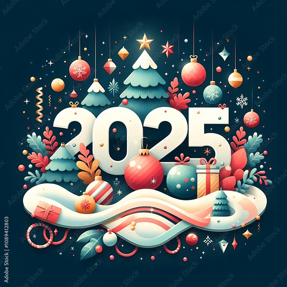 2025 Happy New Year, Christmas tree, ball, snow design, creative style ...