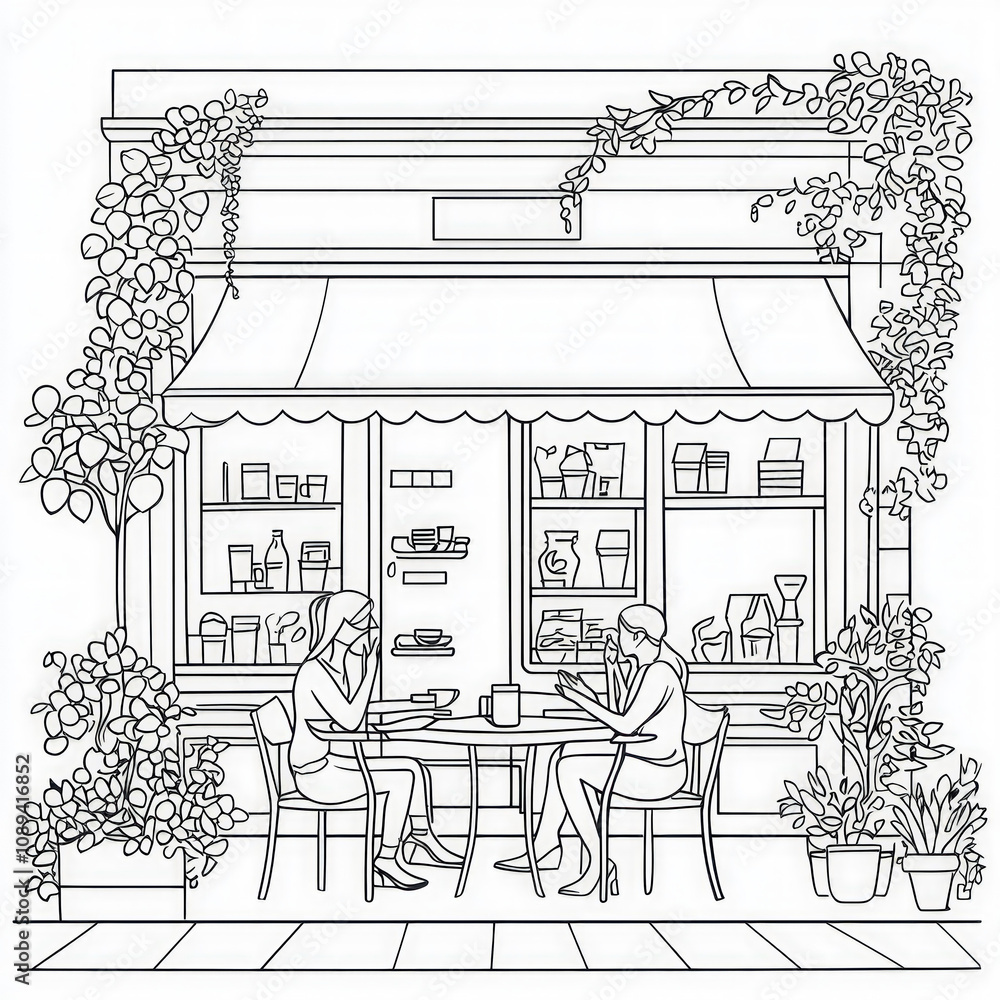 A cozy coffee shop with friends chatting, coloring page for kids ...