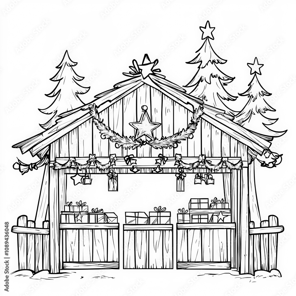 A Christmas market with festive booths, coloring page for kids, simple ...