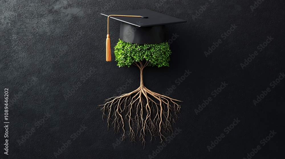 Conceptual image depicting a graduation cap with roots growing into the ...