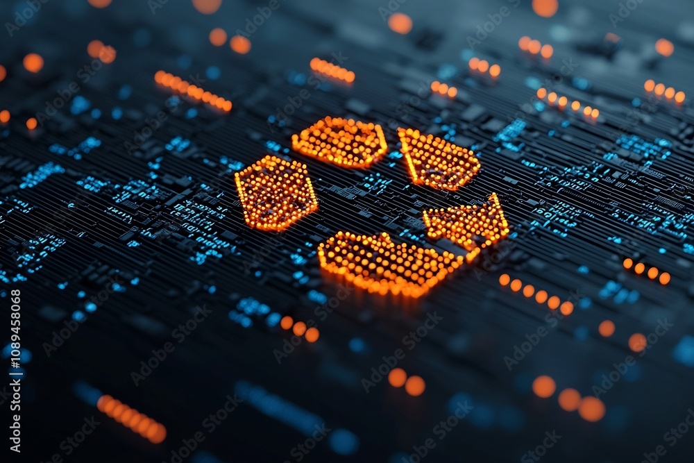 Dynamic recycling logo made of colorful LED lights in a futuristic ...