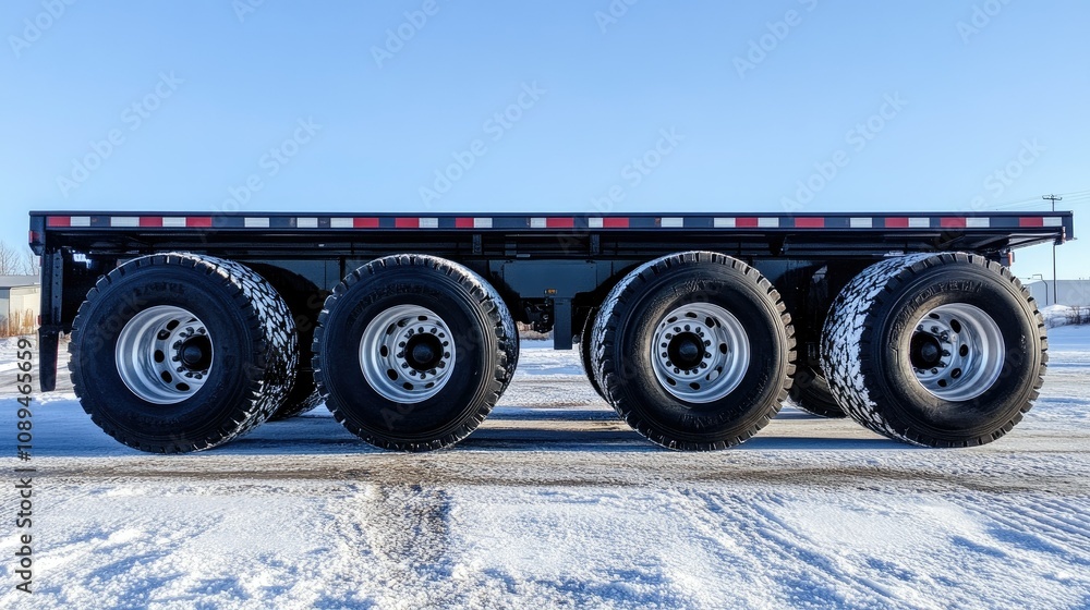 Side view of big black wheels on a semi-truck trailer, with tread ...