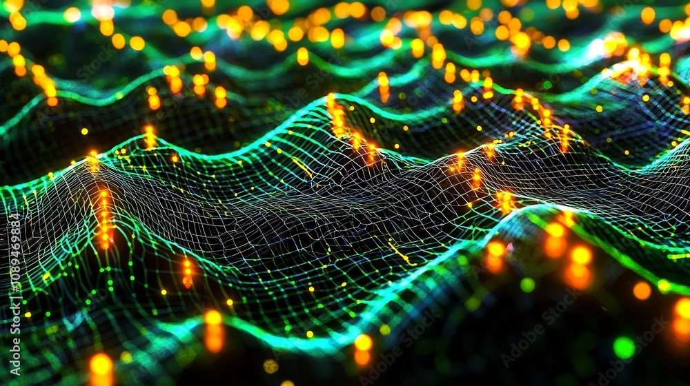 Glowing Neural Network Landscape A vibrant 3D digital visualization ...