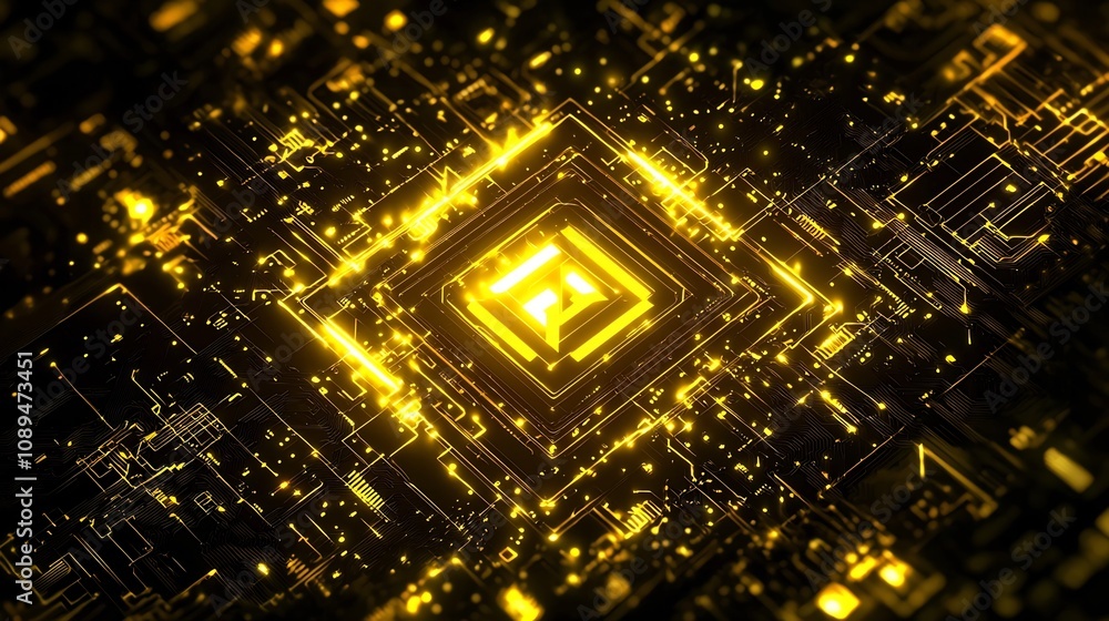 Luminous Futuristic Semiconductor with Intricate Golden Electronic ...