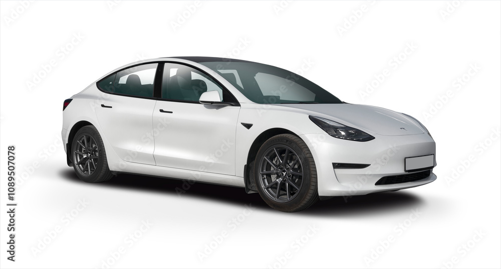 Tesla Model 3 car with white color side view isolated. PNG Stock Photo ...